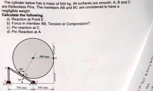 The cylinder below has a mass of 500 kg. All surfaces are smooth. A, B ...