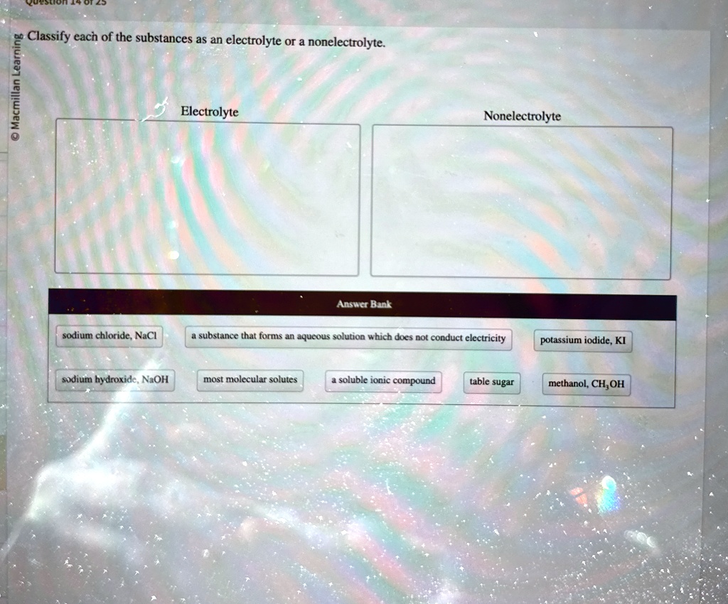 classify each of the substances as an electrolyte or a nonelectrolyte ...