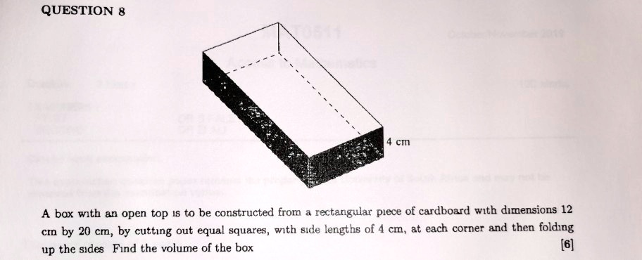 question 8 cm box wth an open top is to be constructed from rectangular plece of cardboard with ...