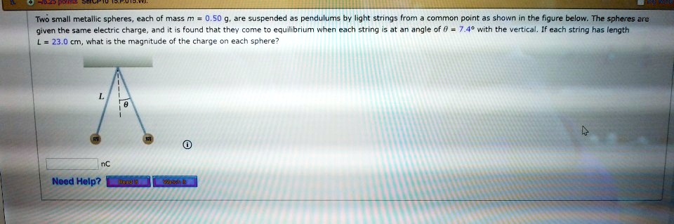 SOLVED: Two small metallic spheres, each with mass m = 0.50 kg, are ...