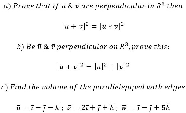 SOLVED: Prove that if u v are perpendicular in R3 then lu + v12 = lu ...
