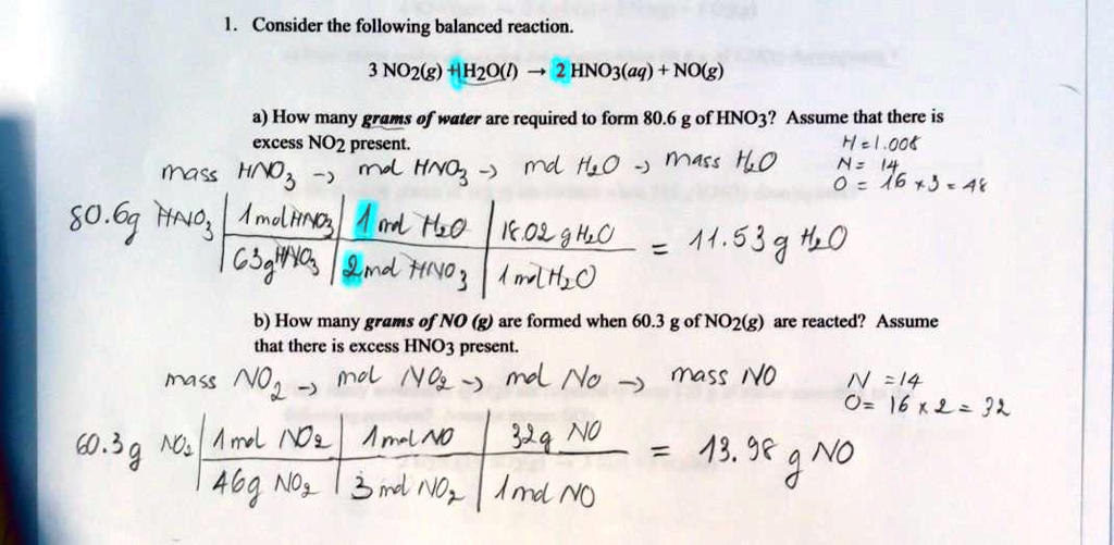 SOLVED: Consider the following balanced reaction: NO2(g) + H2O(l ...
