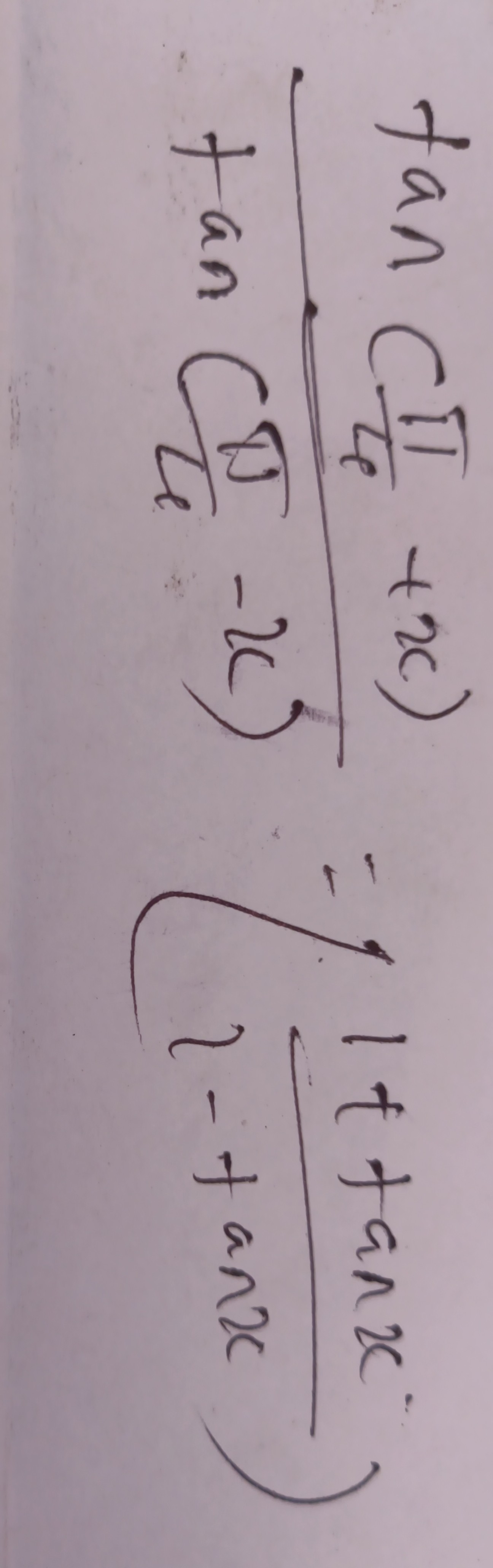 SOLVED: (tan((π)/(4)+x))/(tan((π)/(4)-x))=((1+tan x)/(1-tan x))