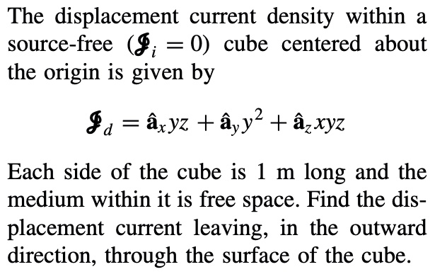 The displacement current density within a source-free (𝒥i = 0) cube centered about the origin is ...