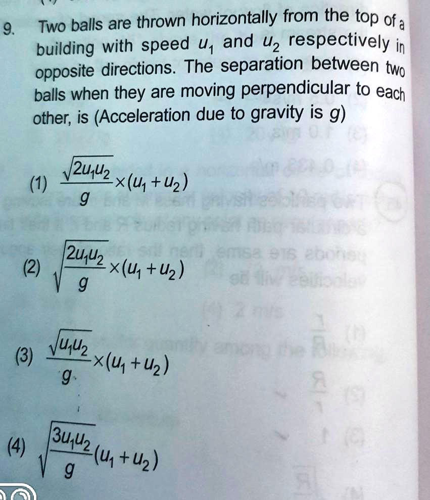9. Two balls are thrown horizontally from the top of a building with speed u1 and u2 ...