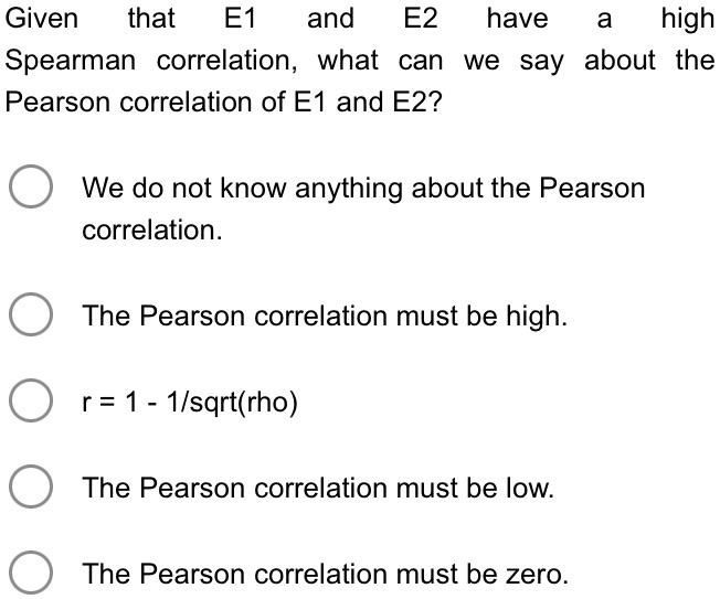 SOLVED: Given that E1 and E2 have a high Spearman correlation, what can ...