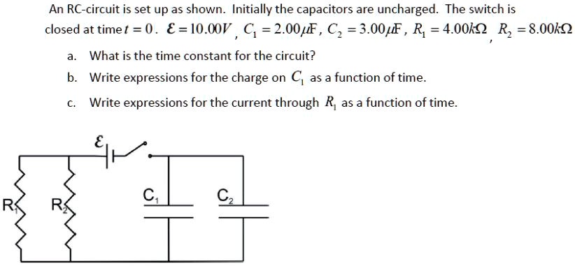 SOLVED: An RC-circuit is set up as shown: Initially, the capacitors are ...