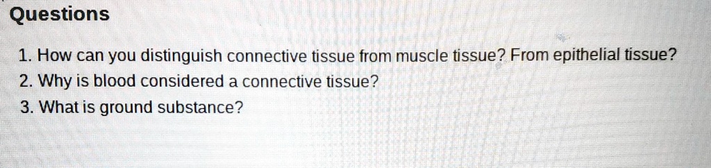SOLVED:Questions 1. How can you distinguish connective tissue from ...