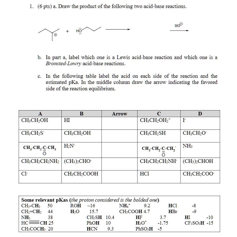 1. (6 pts) a. Draw the product of the following two acid-base reactions ...