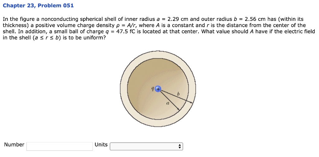 SOLVED: Chapter 23, Problem 051 In the figure a nonconducting spherical shell of inner radius a ...
