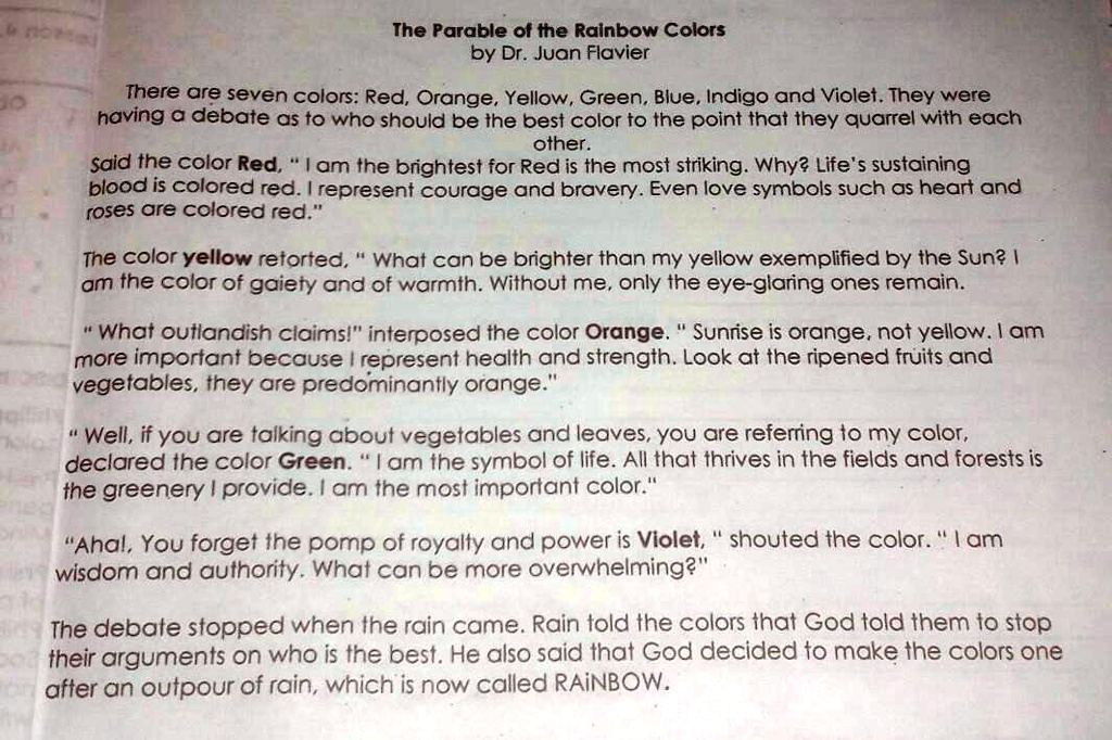 1 who are the characters in the parable 2 what does the rainbow color ...