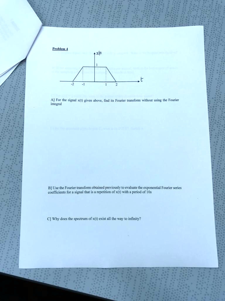 Problem 4 4X(H 1 t -2 -1 1 2 A] For the signal x(t) given above, find its Fourier transform ...