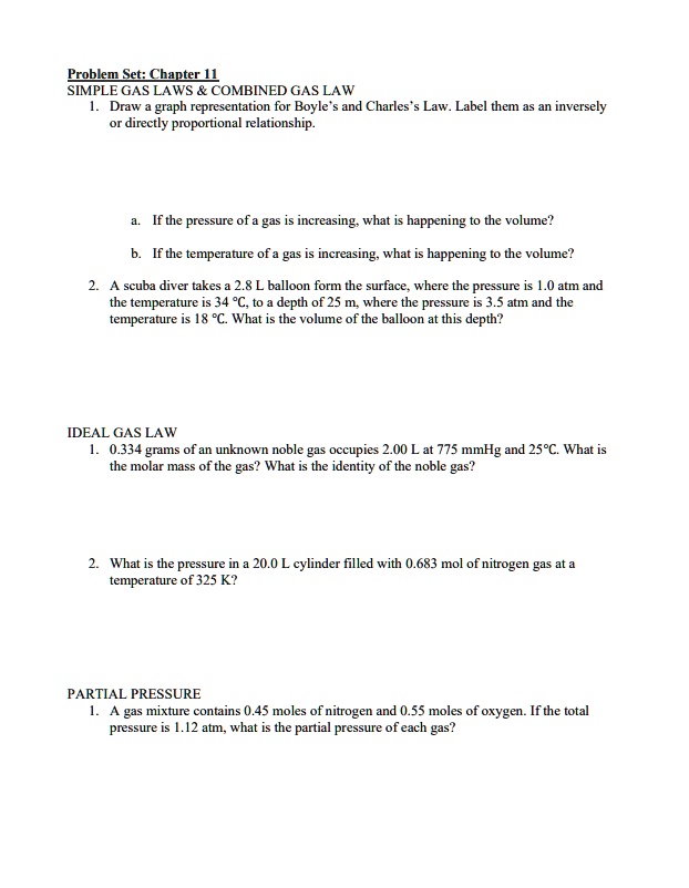 Problem Set: Chapter 11 SIMPLE GAS LAWS COMBINED GAS...