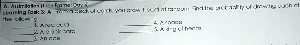 SOLVED: Assimilation (Time Frame: Day 4) card at random: Find the probability of drawing each of ...