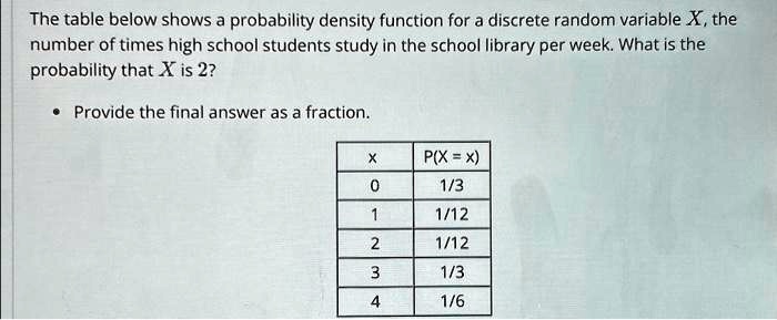 SOLVED: The table below shows a probability density function for a discrete random variable X ...