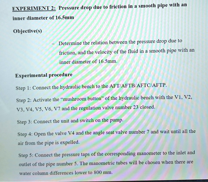 SOLVED: EXPERIMENT 2: Pressure drop due to friction in a smooth pipe ...