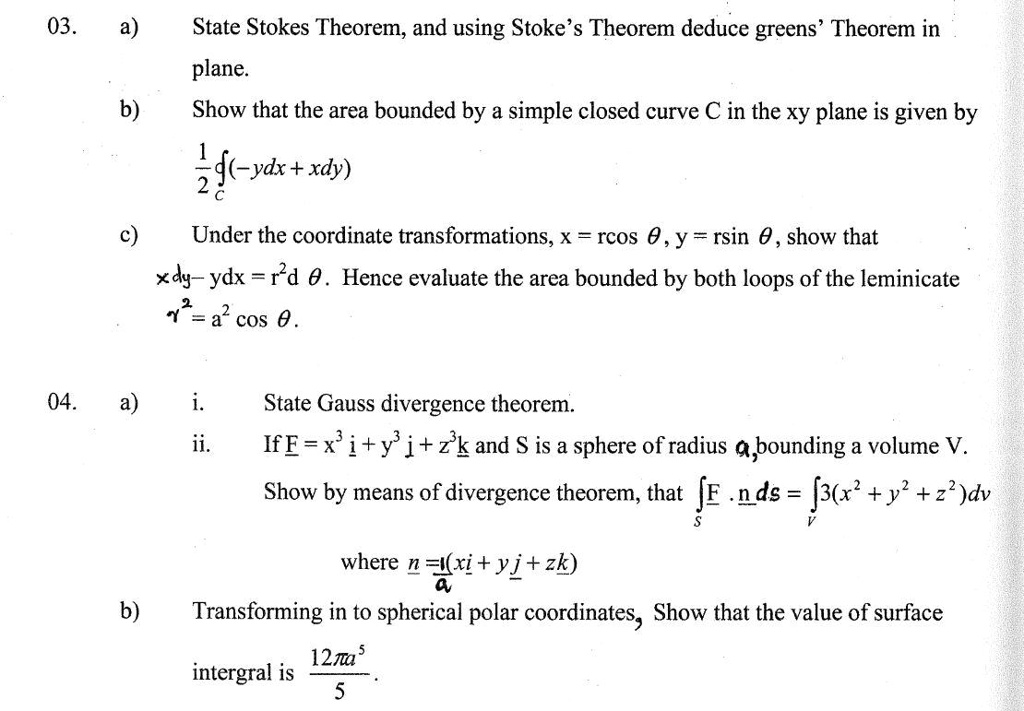 03 a state stokes theorem and using stoke s theorem deduce greens theorem in plane show that the ...