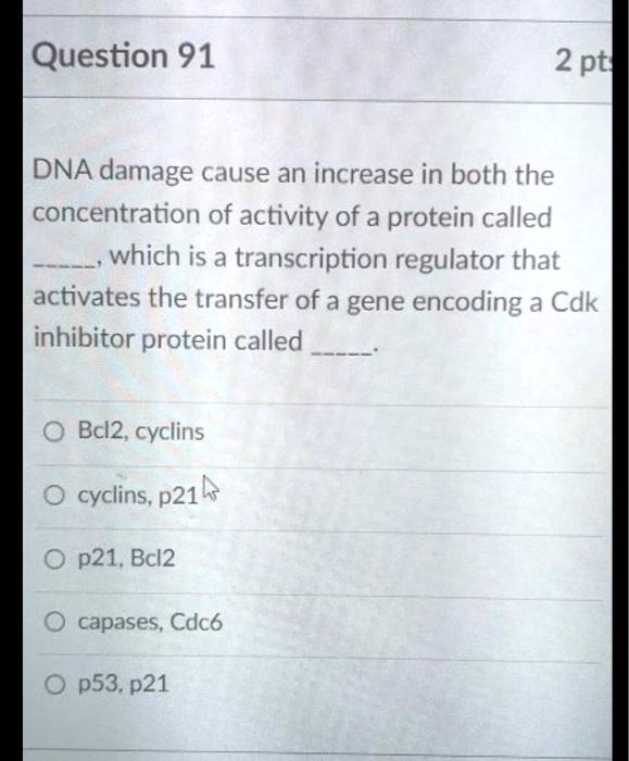 SOLVED: Question 91 2 pti DNA damage cause an increase in both the ...