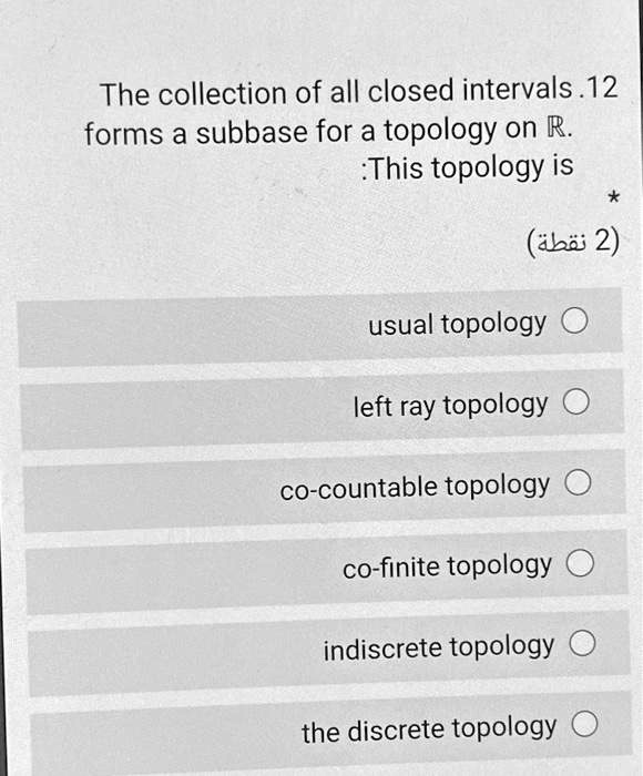 SOLVED: The collection of all closed intervals [a, b] forms a subbase ...