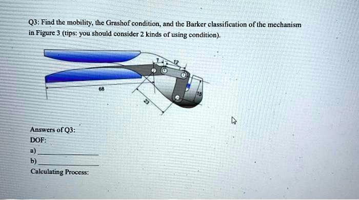[GET ANSWER] Q3: Find the mobility, the Grashof condition, and the ...