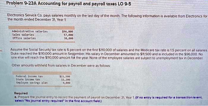 SOLVED: Problem 9-23A: Accounting for Payroll and Payroll Taxes LO.9-5 Electronics Service Co ...