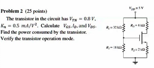 SOLVED: Texts: Problem 2 (25 points) The transistor in the circuit has Vrn = 0.8 V, Kn = 0.5 mA ...