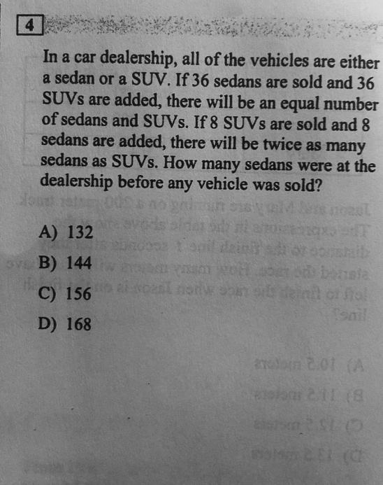 SOLVED: In car dealership, all of the vehicles are either a sedan or SUV. If 36 sedans are sold ...
