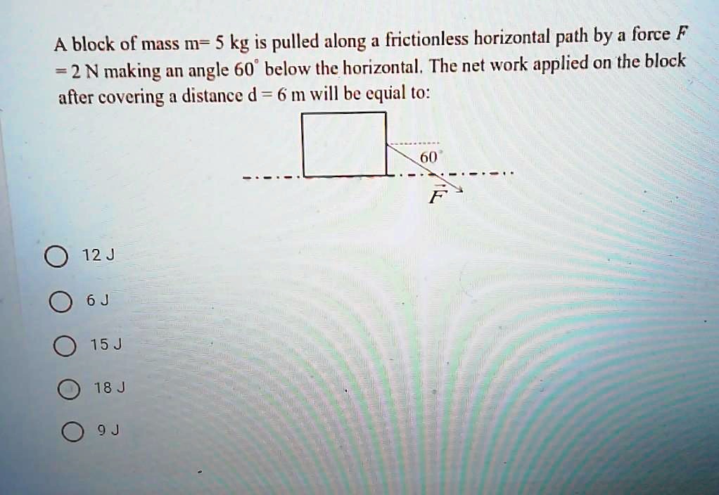 SOLVED: A block o[ mass m= 5 kg is pulled along : frictionless horizontal path by a force F =2 N ...