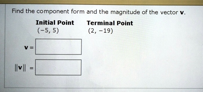 SOLVED: Find the component form and the magnitude of the vector v_ Initial Point Terminal Point ...