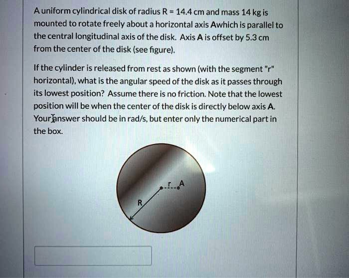 SOLVED:Auniform cylindrical disk of radius R = 14.4 cm and mass 14kg is ...