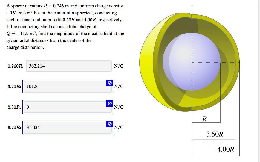 SOLVED: A sphere of radius R = 0.245 m and uniform charge density 151nC ...
