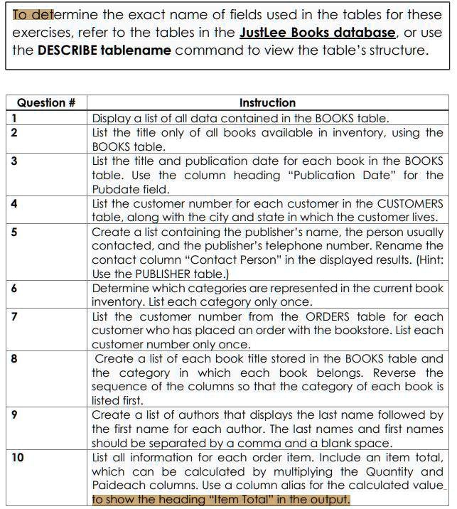 please answer 5 8 oracle12c sql commands io determine the exact name of fields used in the ...