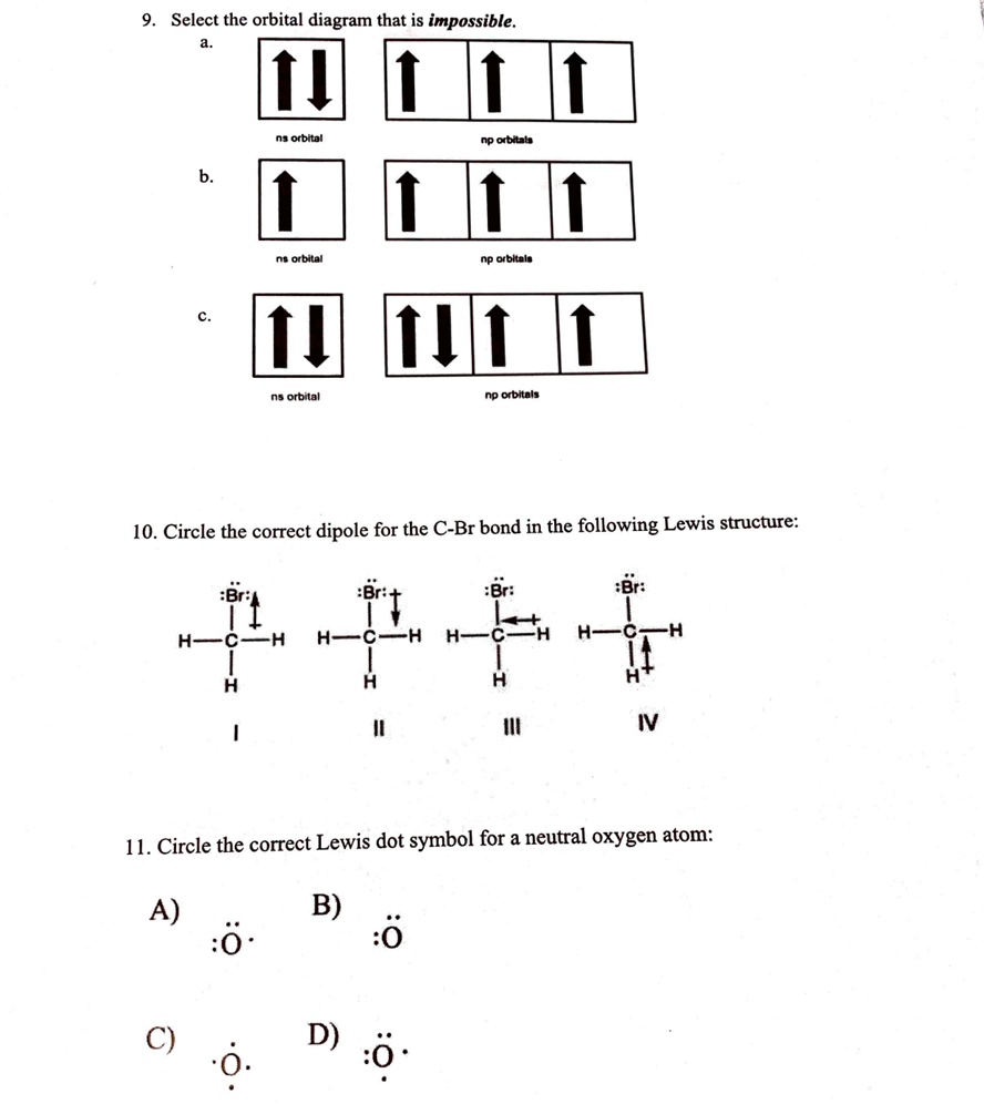 9. Select the orbital diagram that is impossible. a. ?? ? ? ? ns ...