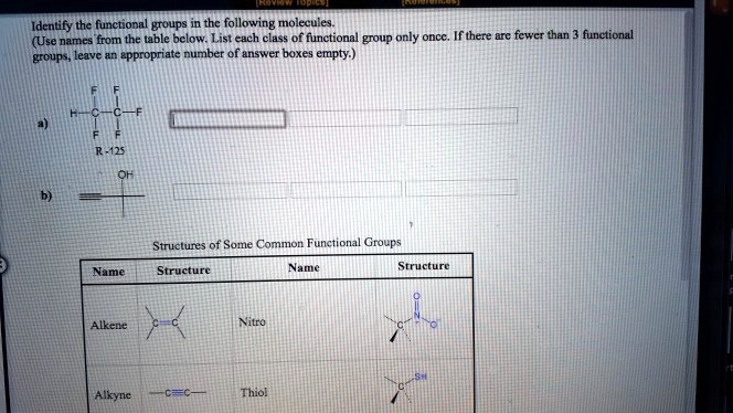 identify the functional groups thc following molecules use names from the table below list fach ...