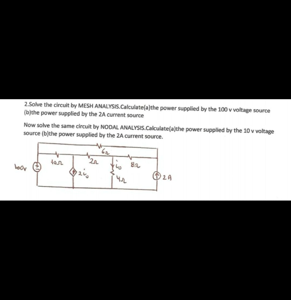 2.Solve the circuit by MESH ANALYSIS.Calculate(a)the power supplied by the 100 v voltage source ...