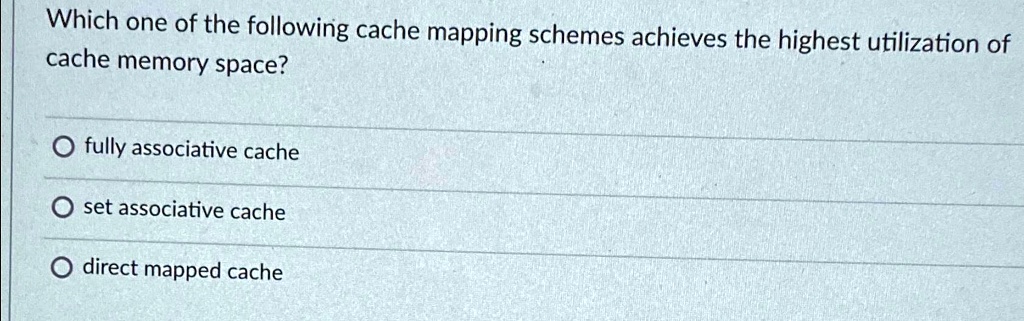 SOLVED: Which one of the following cache mapping schemes achieves the ... SOLVED: Which one of the following cache mapping schemes achieves the ...