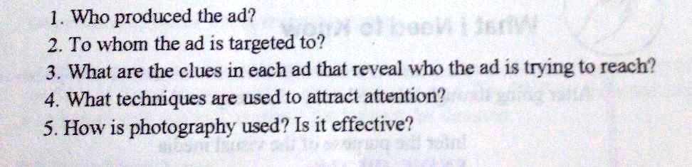 SOLVED: "choose an advertisement in the television. Answer the ...