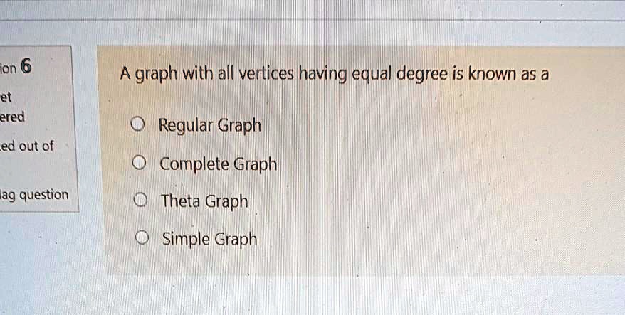 SOLVED: ion 6 A graph with all vertices having equal degree is known as a et ered Regular Graph ...