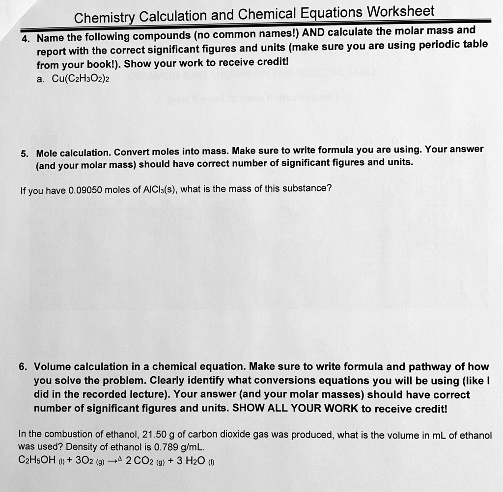 Chemistry Calculation and Chemical Equations Worksheet 4. Name the ...