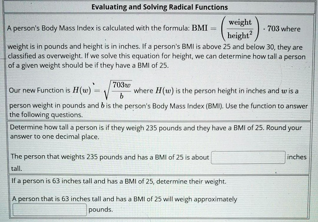 SOLVED: Evaluating and Solving Radical Functions A person's Body Mass ...