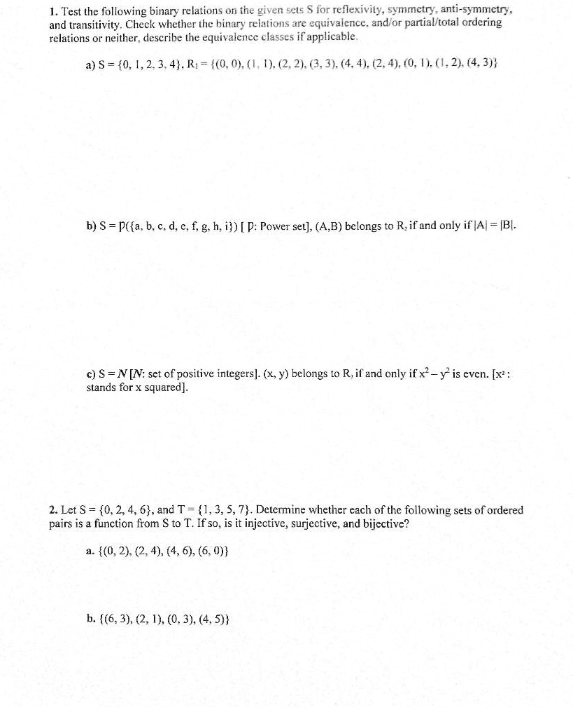 SOLVED: Test the following binary relations on the given sets S for ...