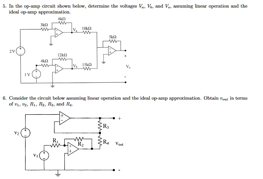 5. In the op-amp circuit shown below, determine the voltages Va, Vb, and Vo, assuming linear ...