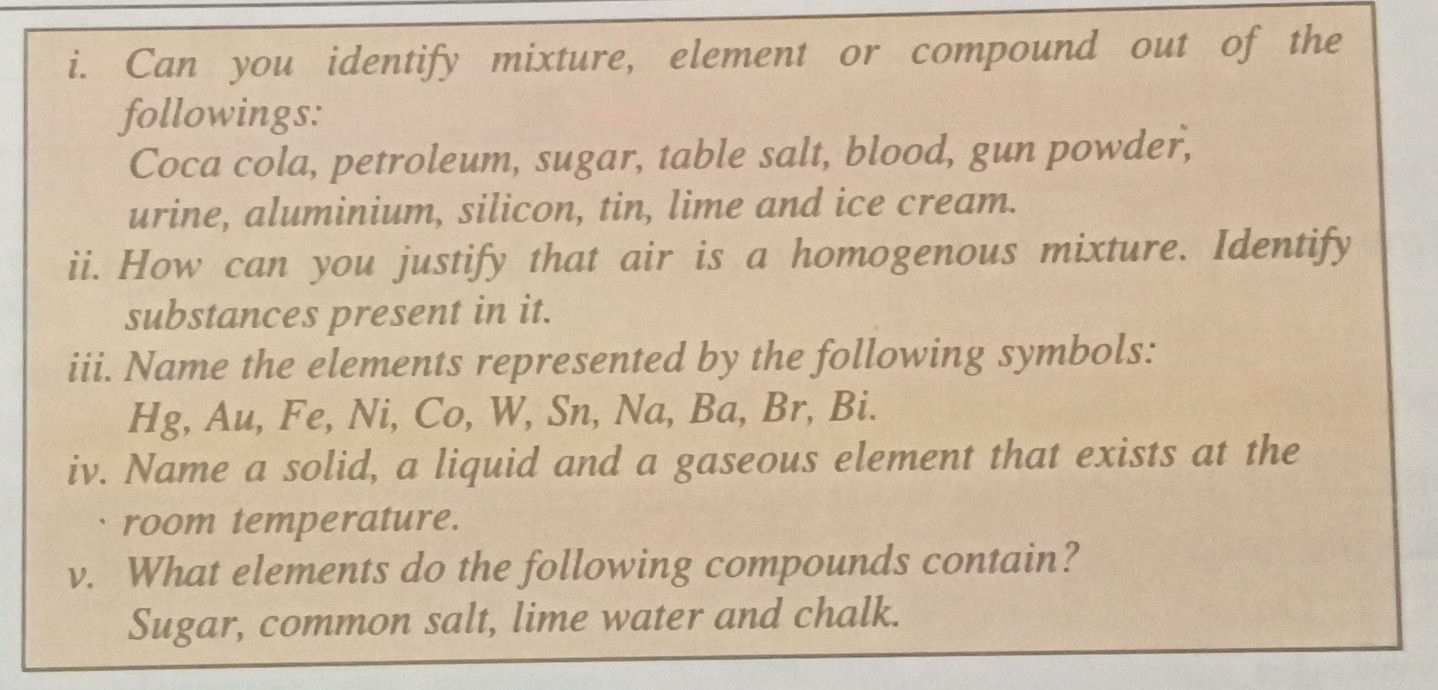SOLVED: i. Can you identify mixture, element or compound out of the ...