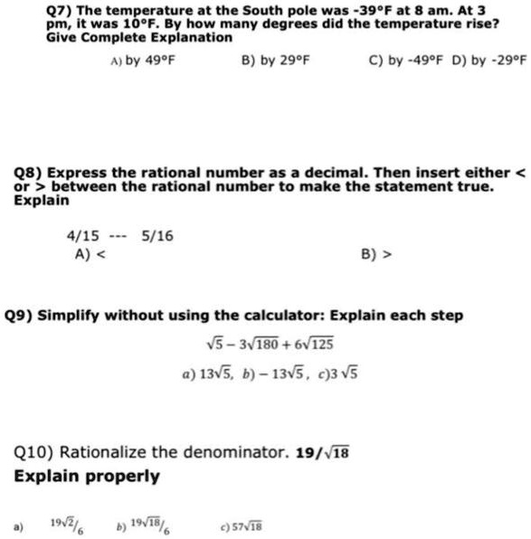 SOLVED: Q7) The temperature at the South pole was -39Â°F at 8 am. At 3 ...