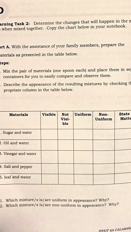 SOLVED: 'D Learning Task 2: Determine the changes that will happen in the materi- als when mixed ...
