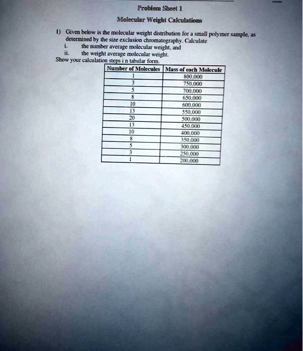 Problem Sheet 1 Molecular Weight Calculations 1) Given below is the ...