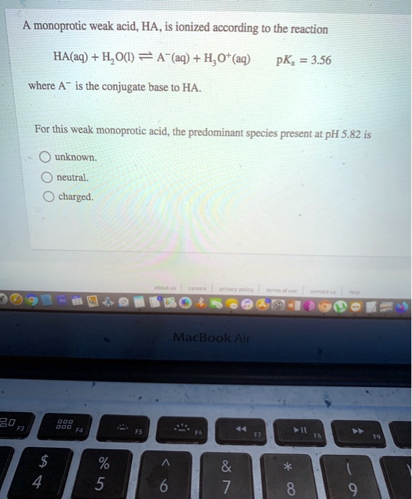 a monoprotic weak acid ha is ionized according t0 the reaction haaq ho ...