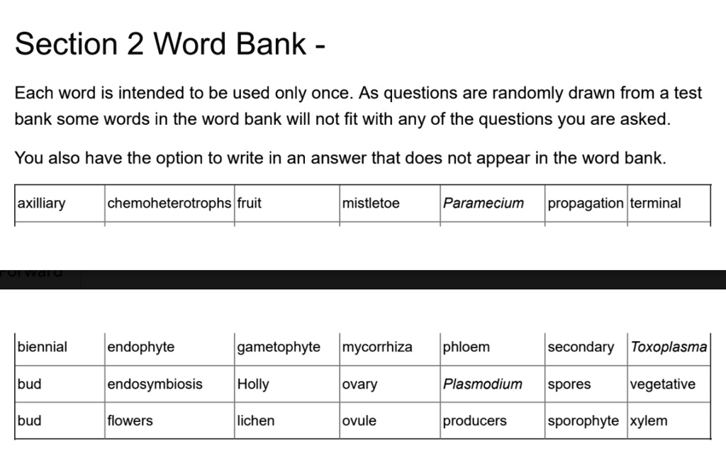 SOLVED: Section 2 Word Bank Each word is intended to be used only once ...