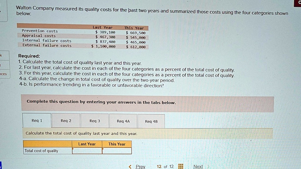 Walton Company measured its quality costs for the past two years and ... Walton Company measured its quality costs for the past two years and ...