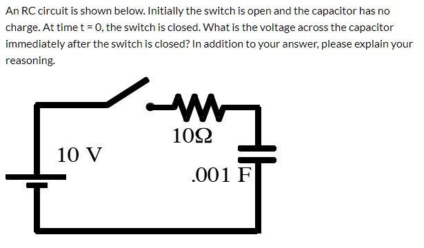 SOLVED: An RC circuit is shown below: Initially, the switch is open and the capacitor has no ...
